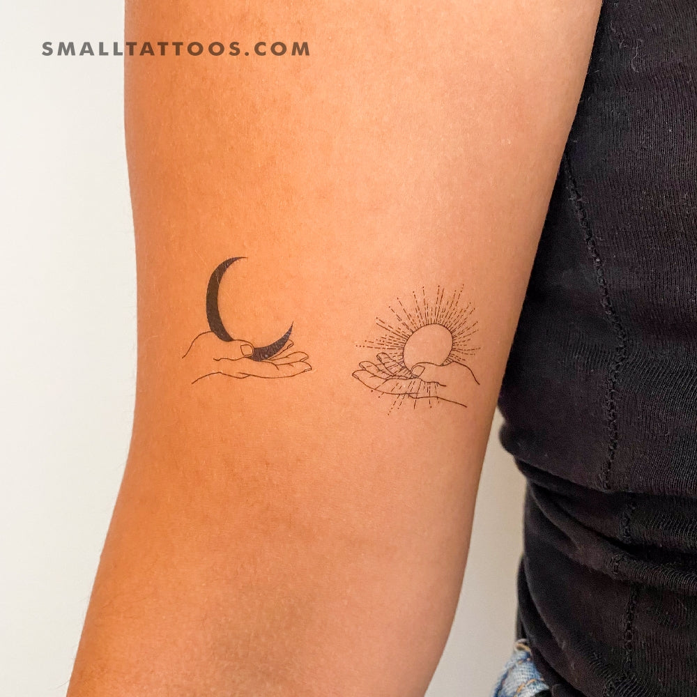 Hands Holding Moon And Sun Temporary Tattoo - Set of 3 – Small Tattoos